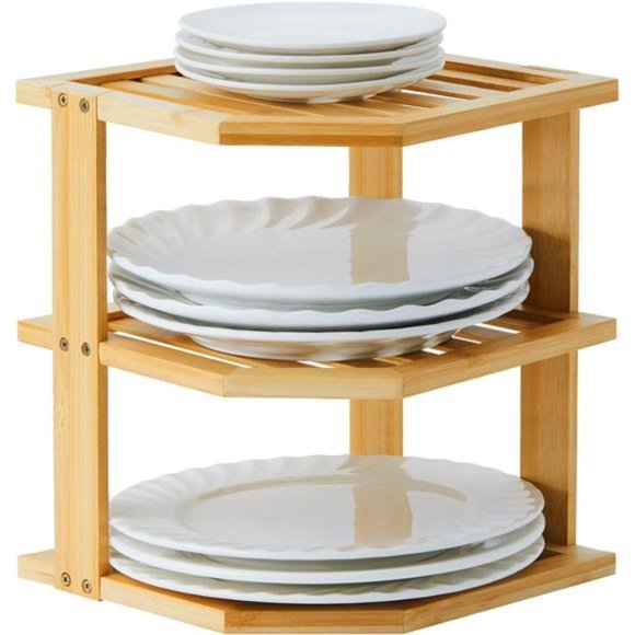 Kitchen | Kitchen Corner Shelf Bamboo Corner Cabinet Shelf 3 Tier Plate ...